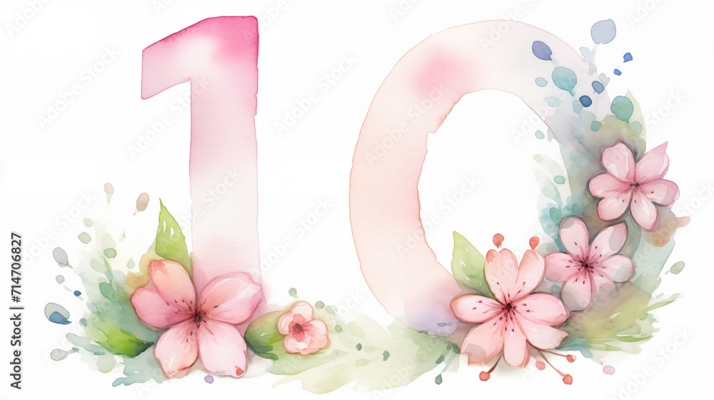 Number 10. Colorful watercolor aquarelle font type. Floral Alphabet ...