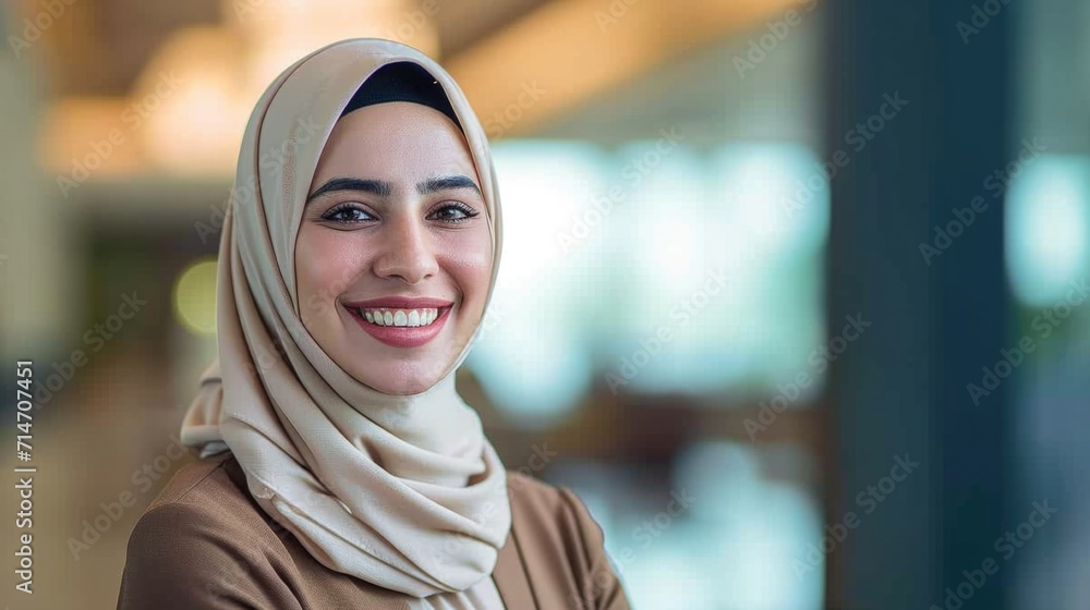 Woman in traditional Muslim clothing, smiling. Beautiful woman headshot ...