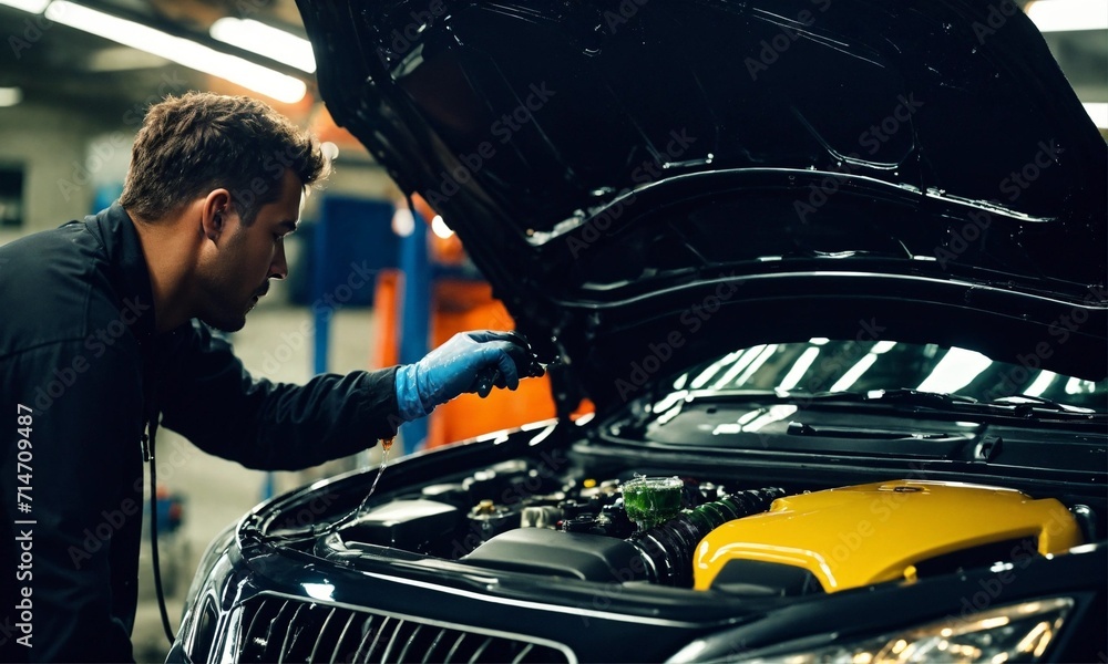 A mechanic pouring liquid into a car engine, captured in a close-up ...