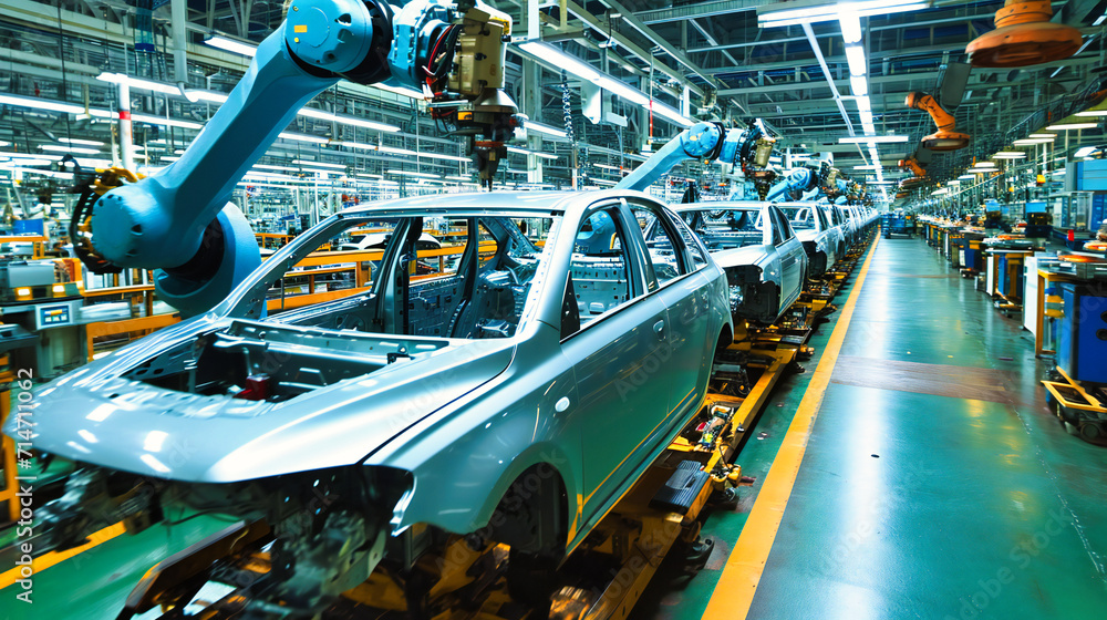 Car manufacturing process with automated machinery assembling vehicles ...