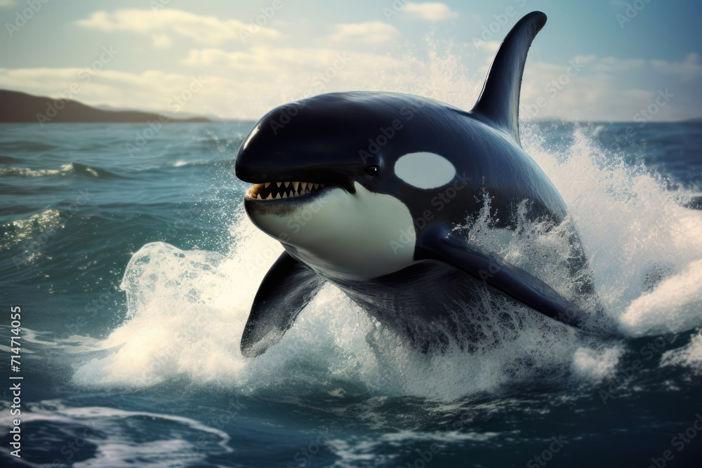 Killer whale aka Orca leaping from sunset ocean water with splashes ...
