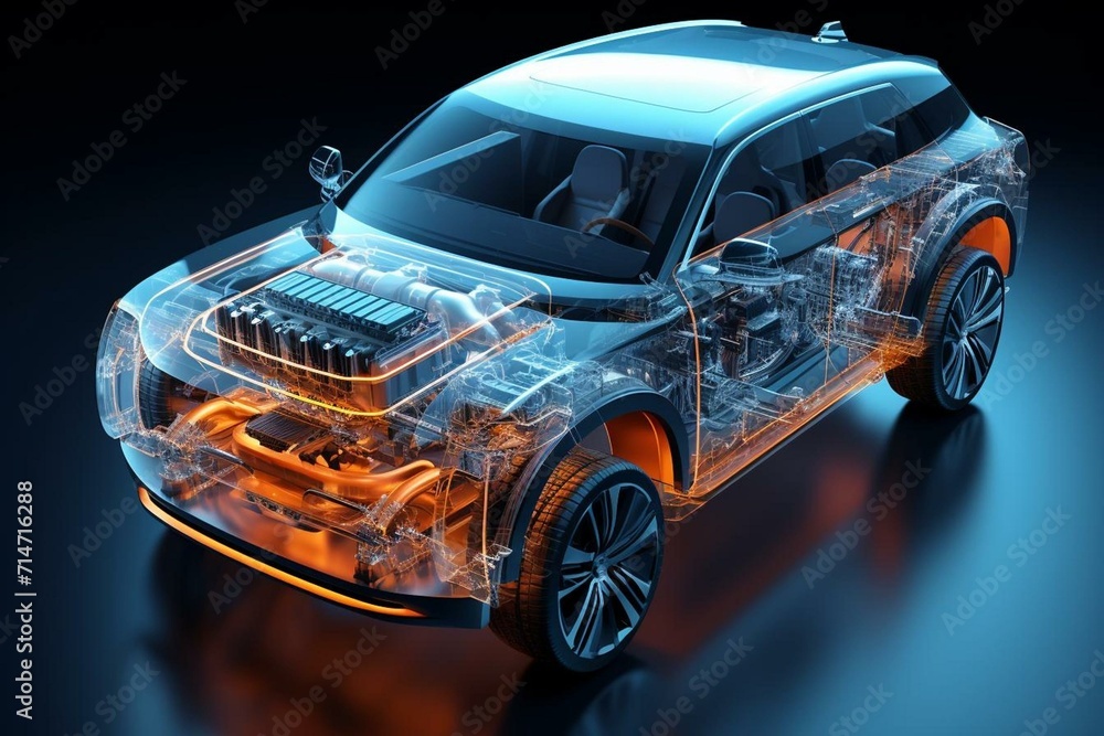 3D illustration of SUV car with x-ray effect and powertrain system ...
