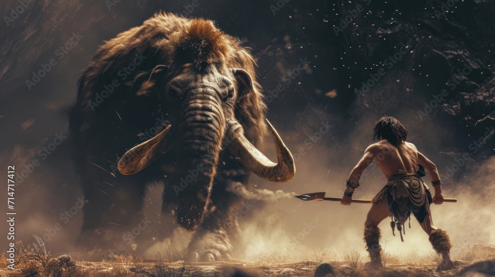 Hunting scene of primitive caveman attacking a giant mammoth in wild ...