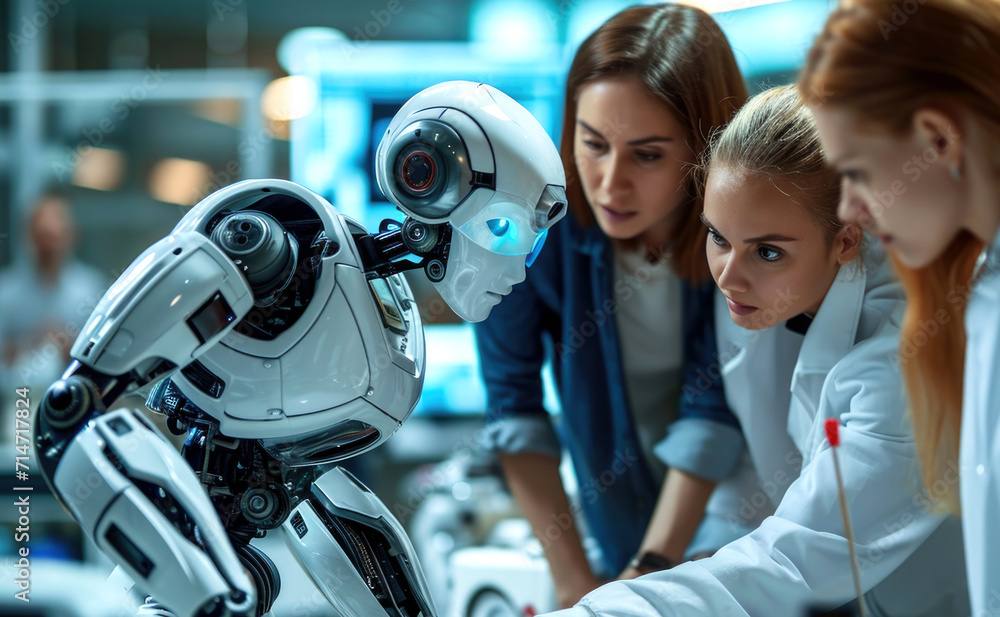 Group of people interacting with a humanoid robot, demonstrating AI ...