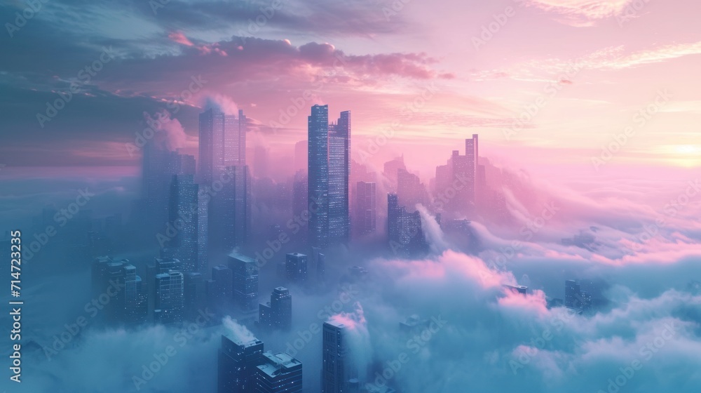 Cold winter with heavy snow of a futuristic city with modern skyscraper ...