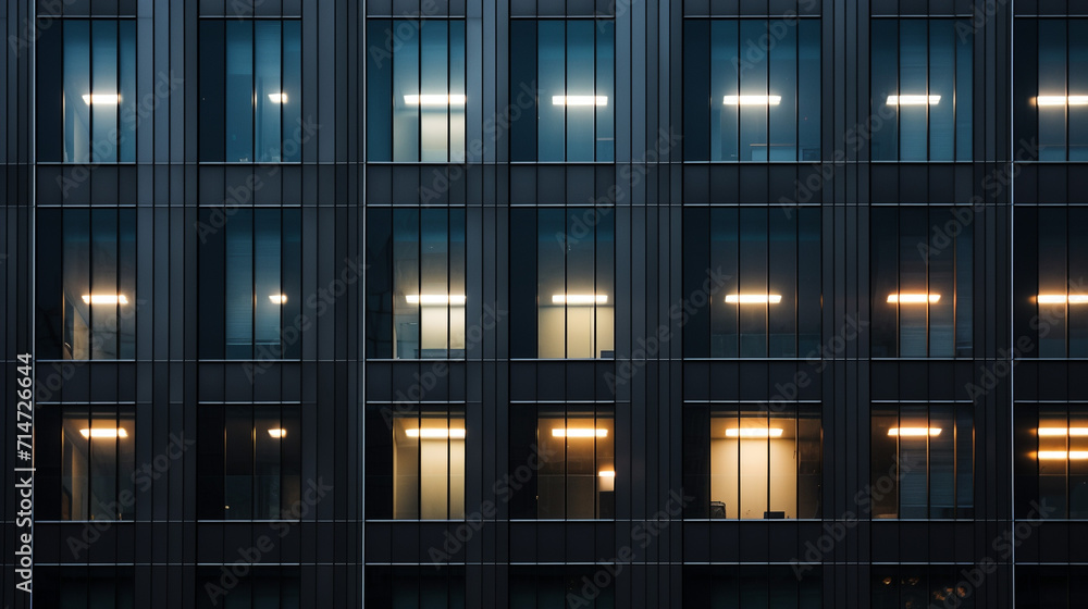Seamless skyscraper facade with gray tinted windows and blinds at night ...