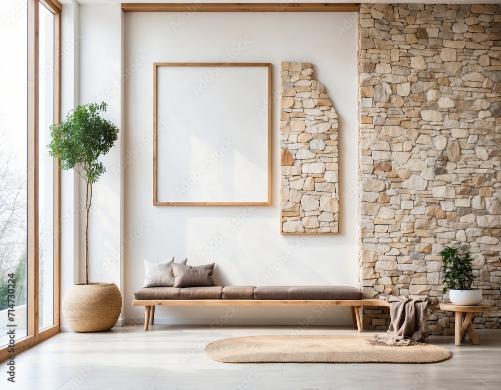 Wild stone cladding wall in bright hallway. Wooden bench near white ...