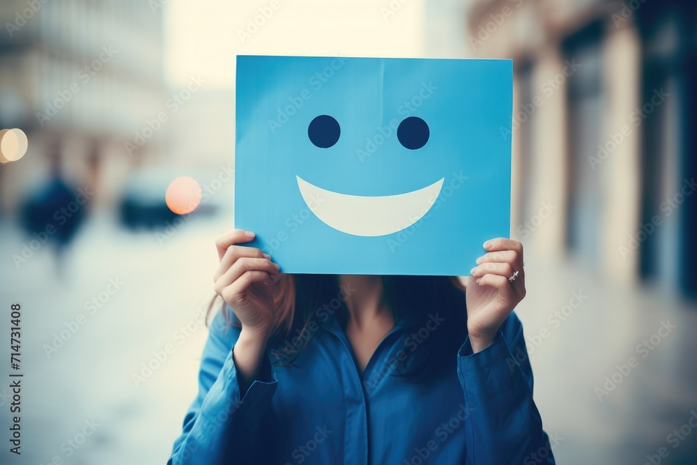 Woman holding blue smiley face in hands, expressing emotions ...