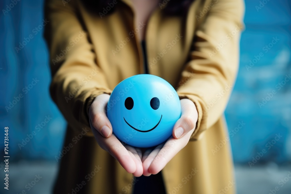 Woman holding blue smiley face in hands, expressing emotions ...