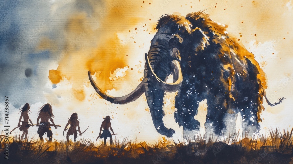 Hunting scene of a team of primitive cavemen attacking a giant mammoth ...