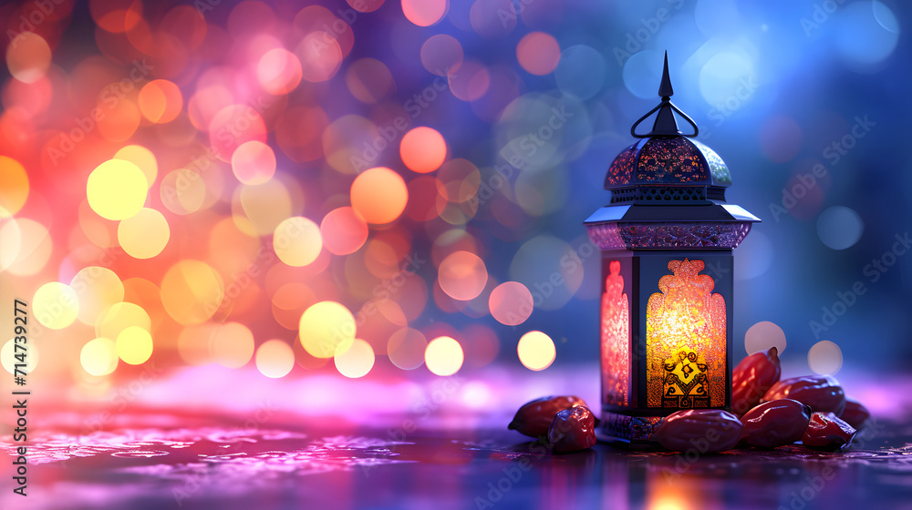 Ornamental Arabic lantern and dates fruit with glowing background and ...