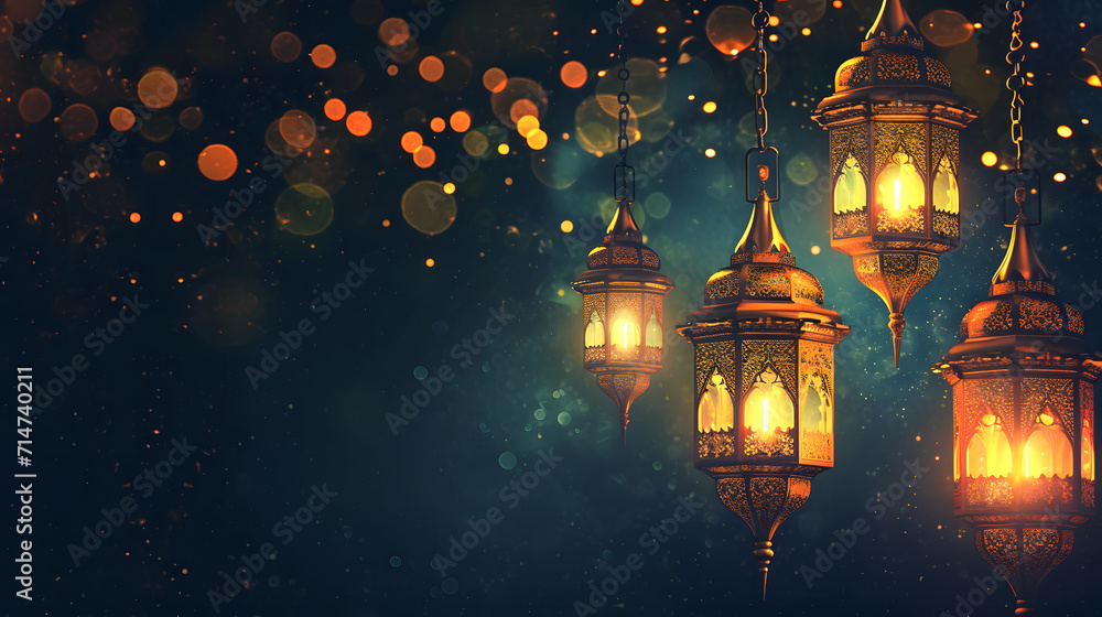 Arabic lamp ornamental at night with glowing background and golden ...