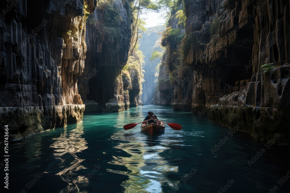 Amidst the rugged beauty of a mountain ravine, a lone figure navigates ...