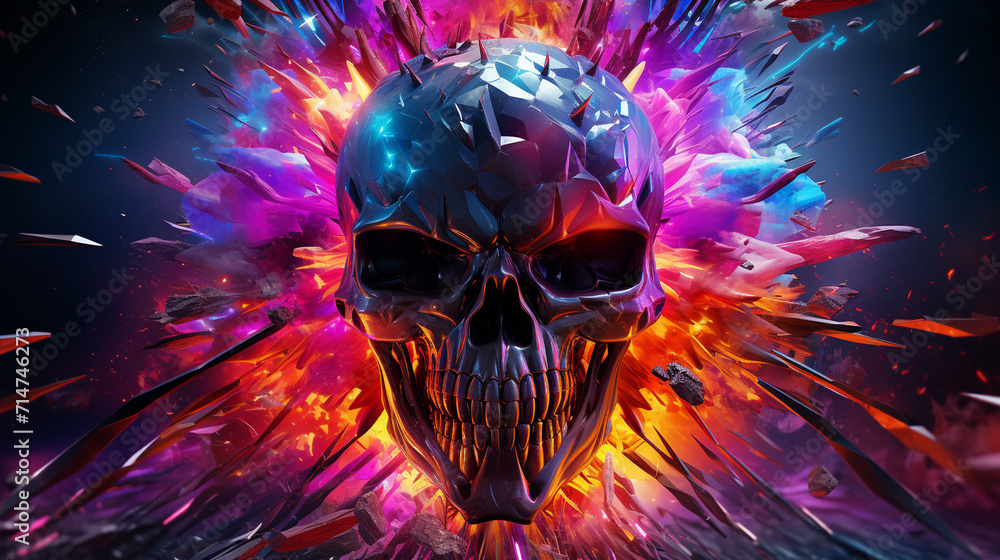 Neon synthwave skull exploding into shining polygons - 3D Illustration ...
