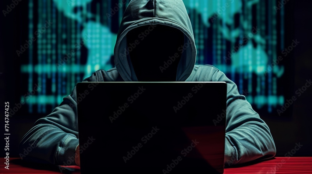 Silhouette of a hooded computer hacker behind multiple displays and ...