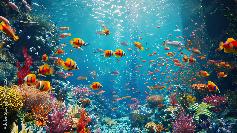 Magical School of Fish Swimming Amidst a Vibrant Coral Reef, Creating ...