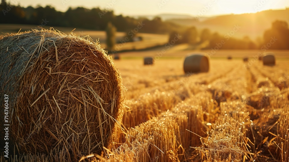 Summer scene of round haystacks in the countryside. Created with ...