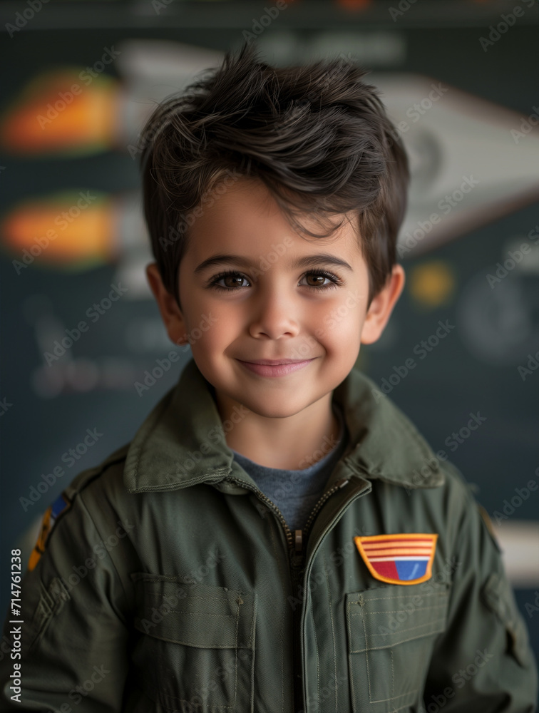 Smiling kid wearing pilot outfit. Little boy wearing a fighter jet ...