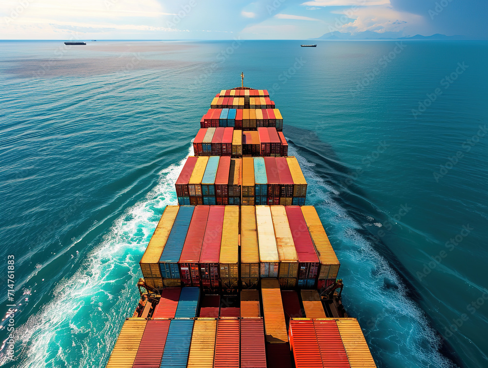 Top view of a cargo sea vessel carrying goods in the ocean, a ship ...