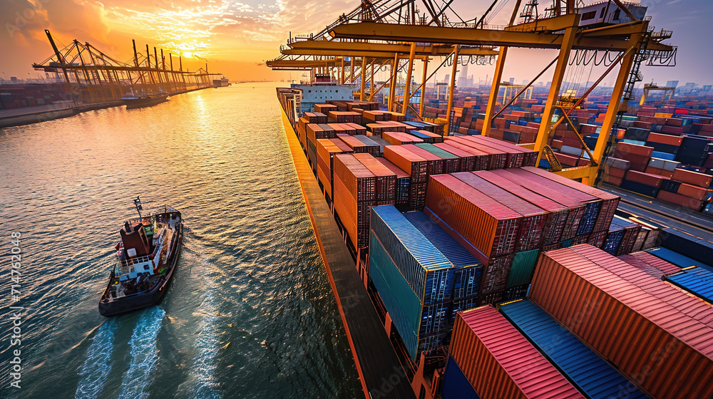 Top view of a cargo sea vessel carrying goods in the ocean, a ship ...