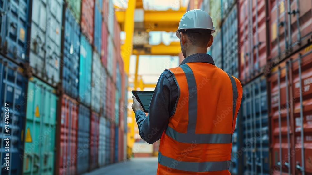 A male worker using a tablet works in a seaport container yard ...