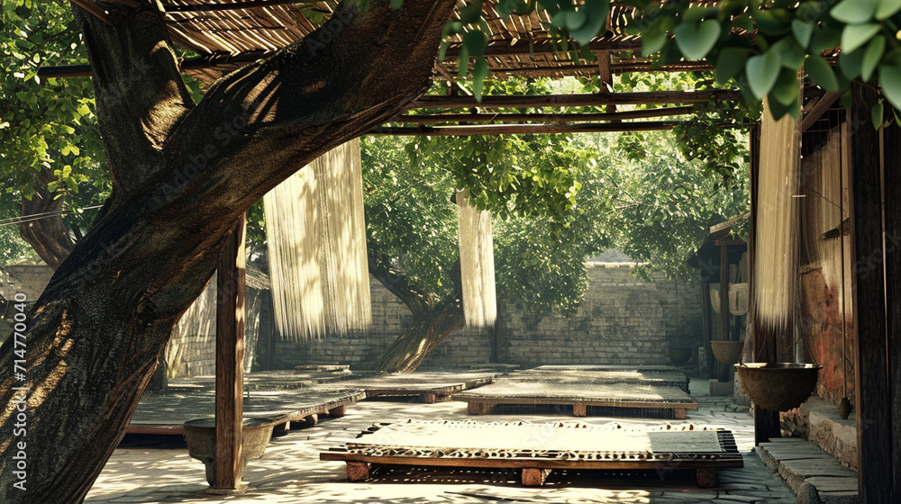 A serene scene of silkworms weaving silk threads under the shade of ...