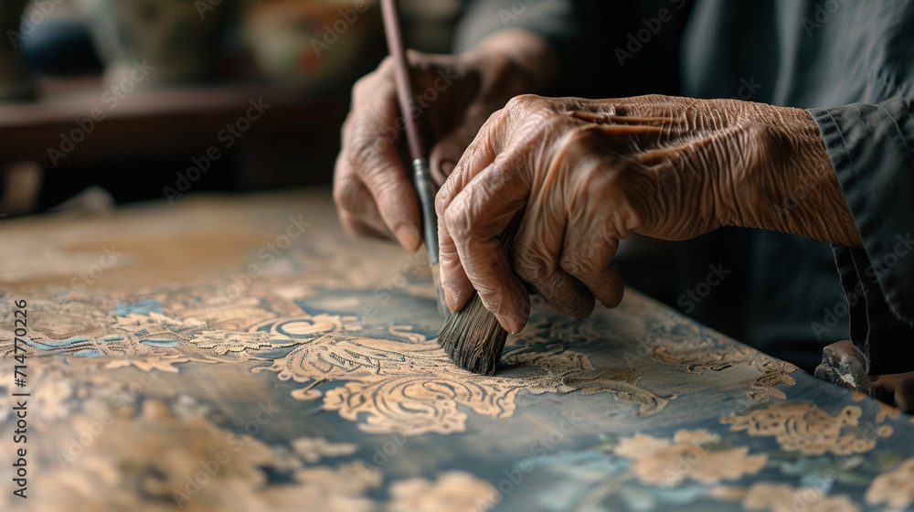 A close-up of an artisan's hands meticulously hand-painting silk fabric ...