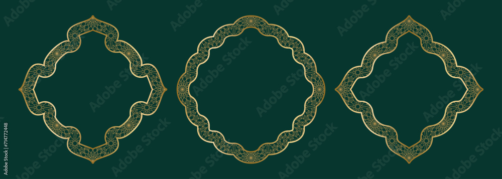 Gold geometric ornamental frame, round and square shapes Islamic window ...