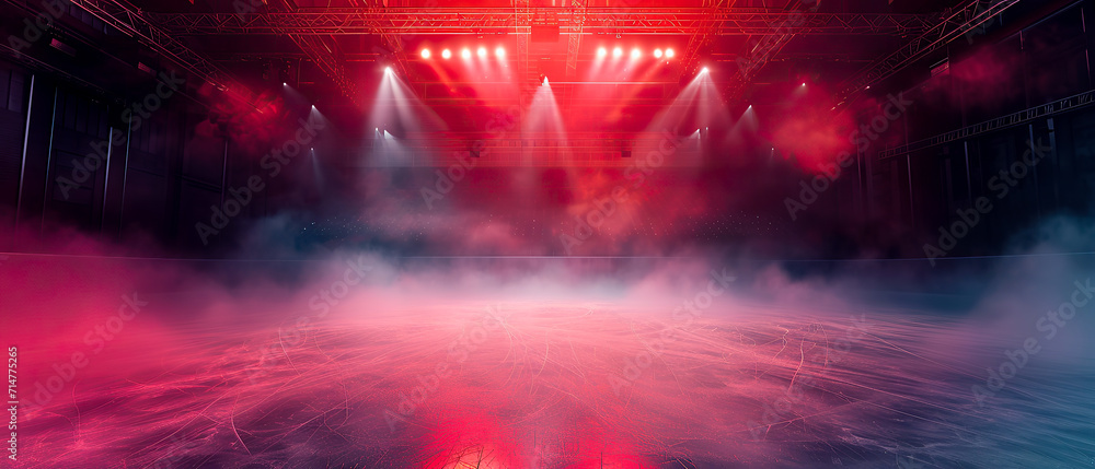 Red Ice Rink Background. Professional Arena illuminated red neon lights ...