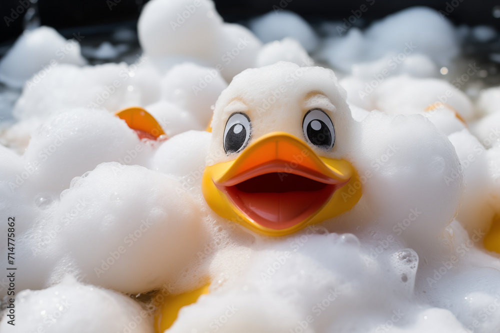 Quietscheente mit ganz viel Schaum in der Badewanne, Glückliches ...