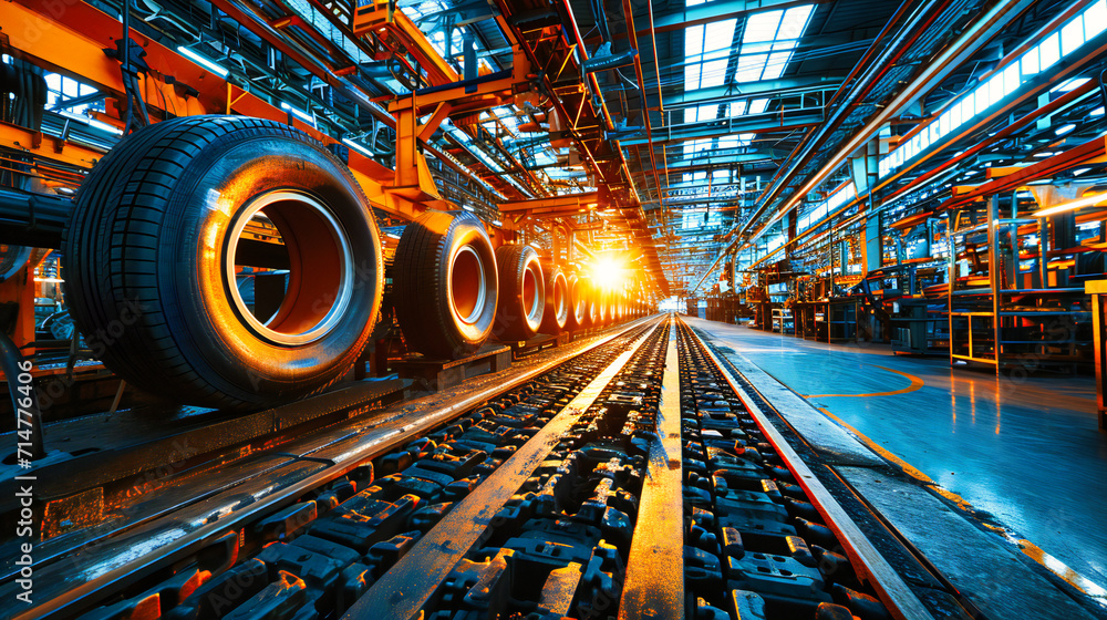 Nighttime view of an industrial steel plant with railroad tracks and ...