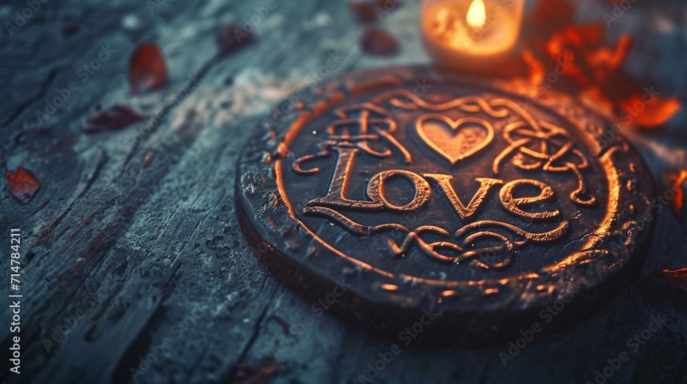 "Love" inscribed in a circle of magical runes and symbols, flat lay ...