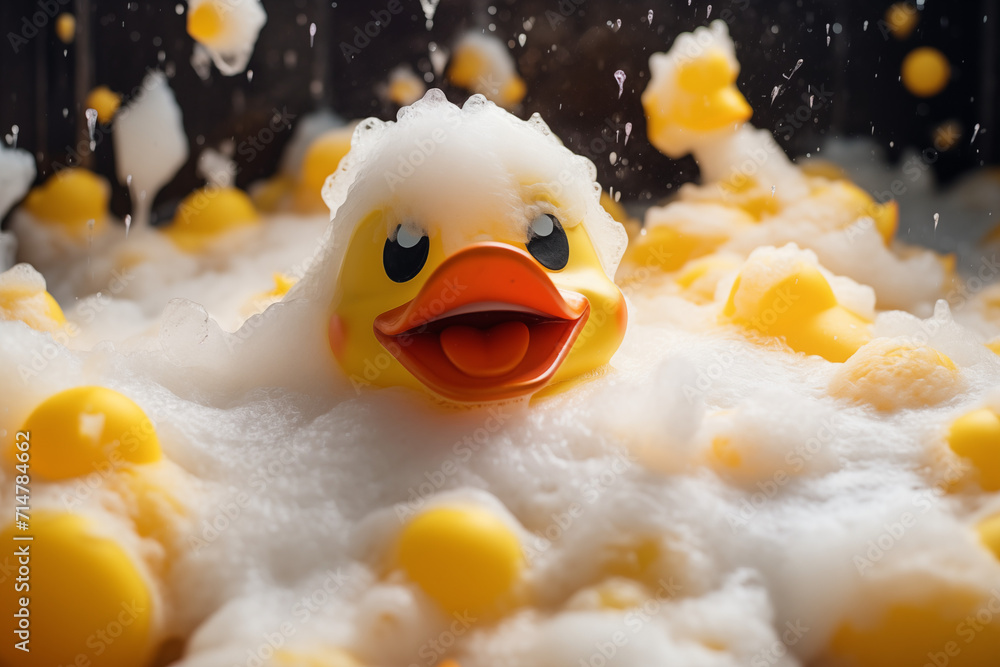 Quietscheente mit ganz viel Schaum in der Badewanne, Glückliches ...