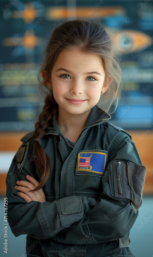 Smiling kid wearing pilot outfit. Little girl wearing a fighter jet ...