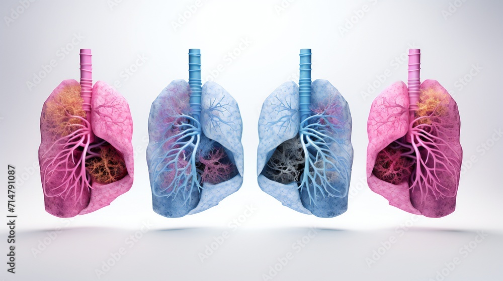 Design a series of 3D renders depicting the stages of a lung cancer ...