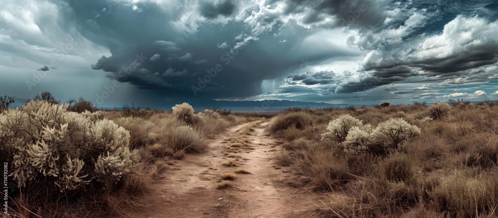 Dusty path surrounded by vegetation, under a cloudy sky in wide open ...