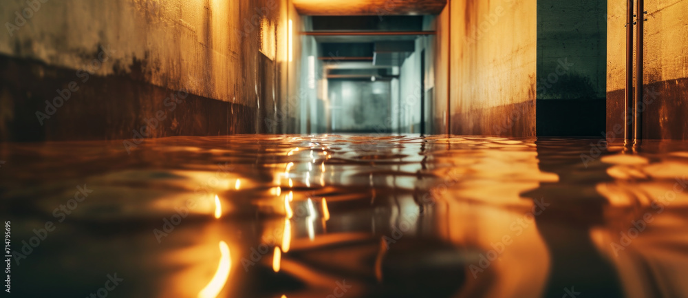 Submerged secrets: golden light reflects on water in a flooded basement ...