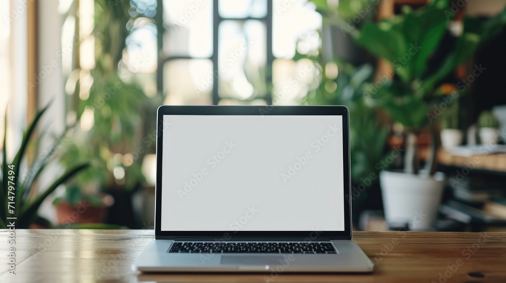 Laptop with blank white screen on the desk, mock up. Personal laptop ...