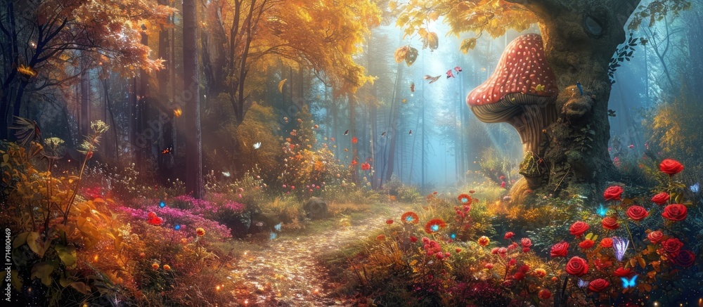 Fantasy forest with magical elements like a mushroom house, autumn tree ...