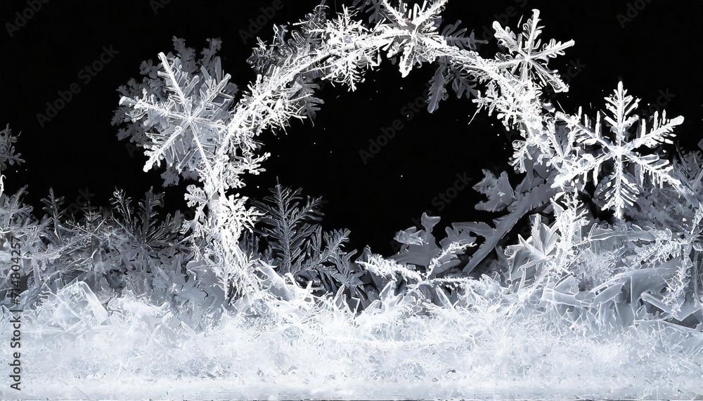 winter ice snow frozen crystals frostwork frame on transparent ...