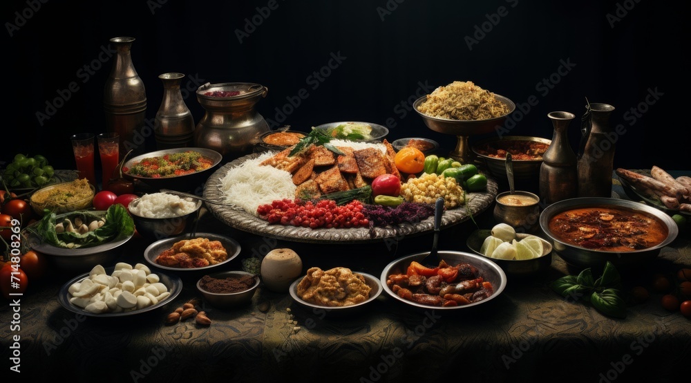 Eid al-fitr celebration with delicious food. A table full of food, rice ...