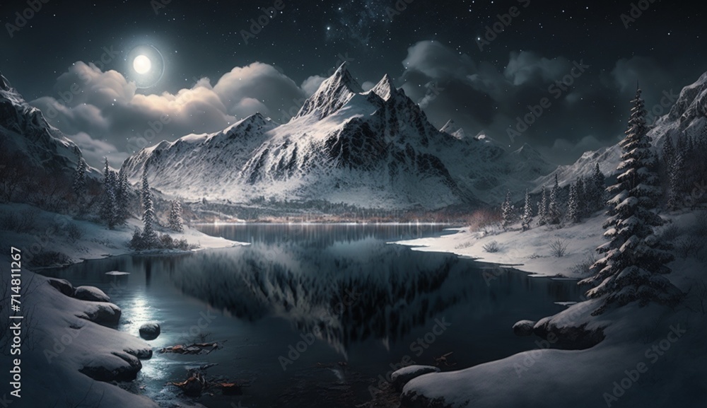 On a snowy night, with glistening snow covering the mountain peaks, V4 ...