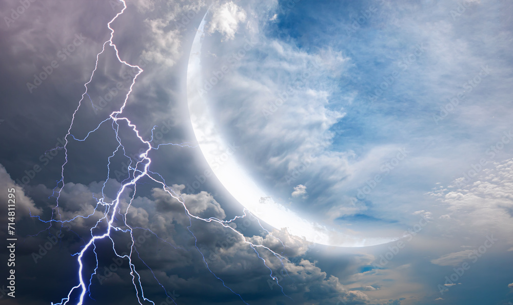 Night sky with clouds on the background flashes of lightning with ...