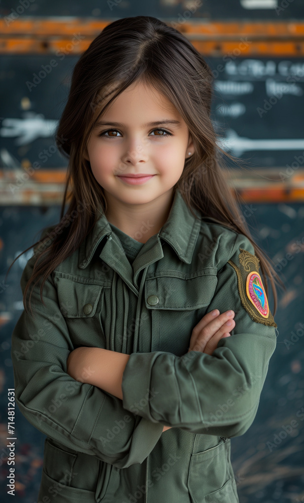Smiling kid wearing pilot outfit. Little girl wearing a fighter jet ...