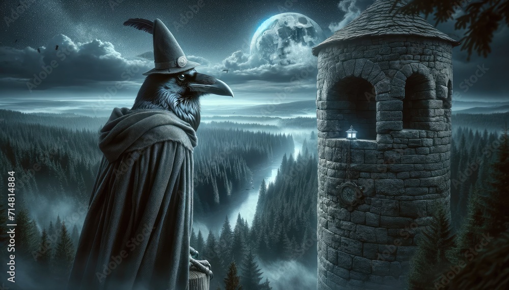 Cloaked in a wizard's garb, a raven stands sentinel on a stone tower ...