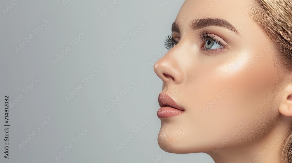 Young woman profile portrait, over grey background. Beauty female ...