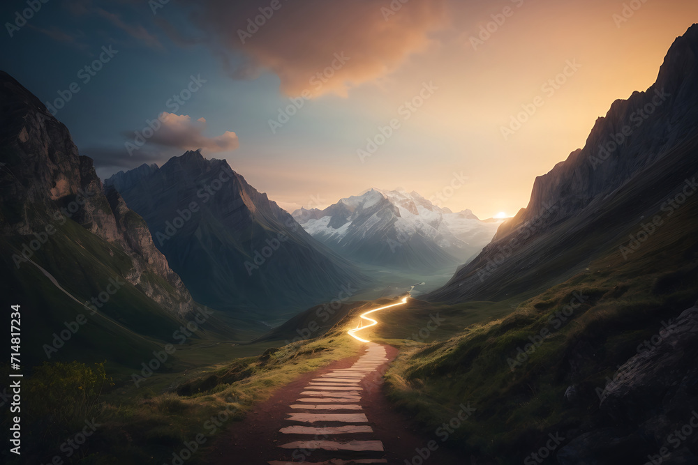 Path to success concept, with a glowing light path going up the ...