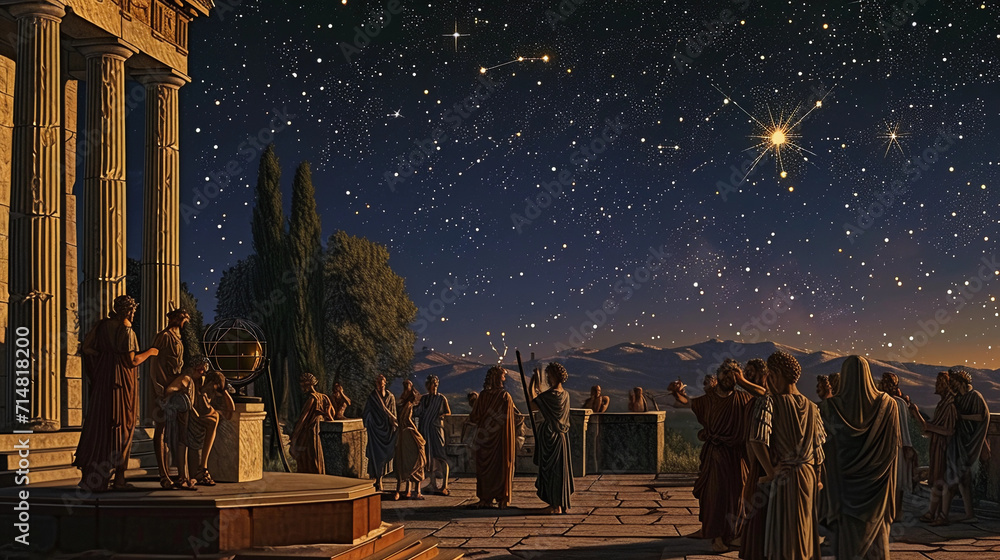 ancient Greek observatory, with philosophers and astronomers gathered ...