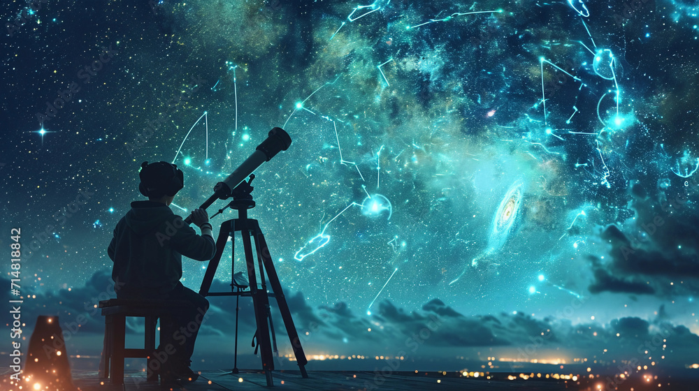 modern astrologer analyzing a complex star chart, with a high-tech ...