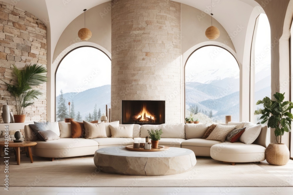 Japandi interior home design of modern living room with curved beige ...